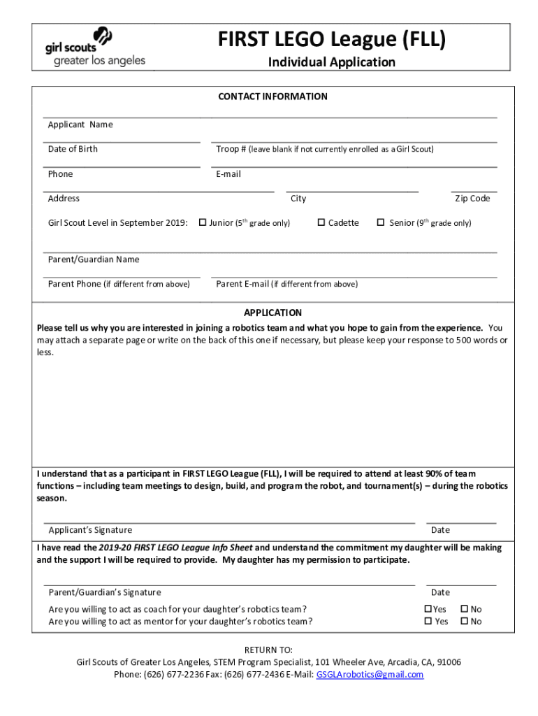 Fillable Online FIRST LEGO League (FLL) Individual Application Fax ...