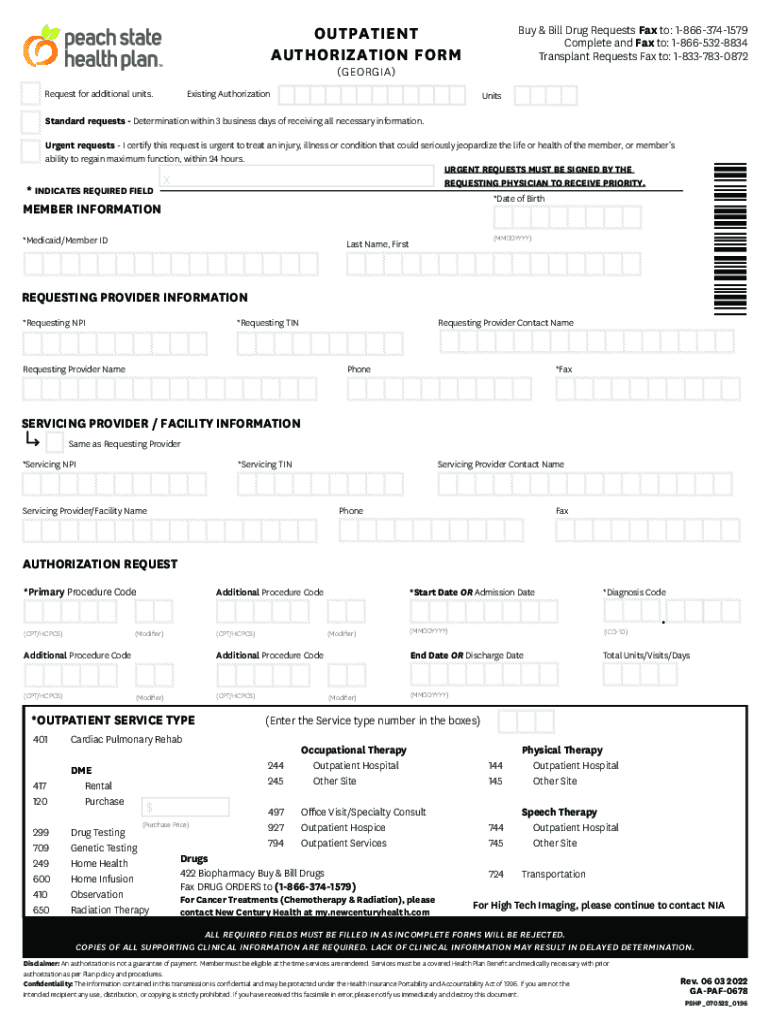 Fillable Online GA-PAF-0678 - Outpatient Authorization Form. Outpatient Authorization Form Fax ...