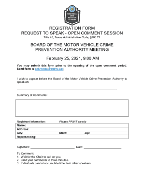 Fillable Online ftp txdmv registration form request to speak - open ...