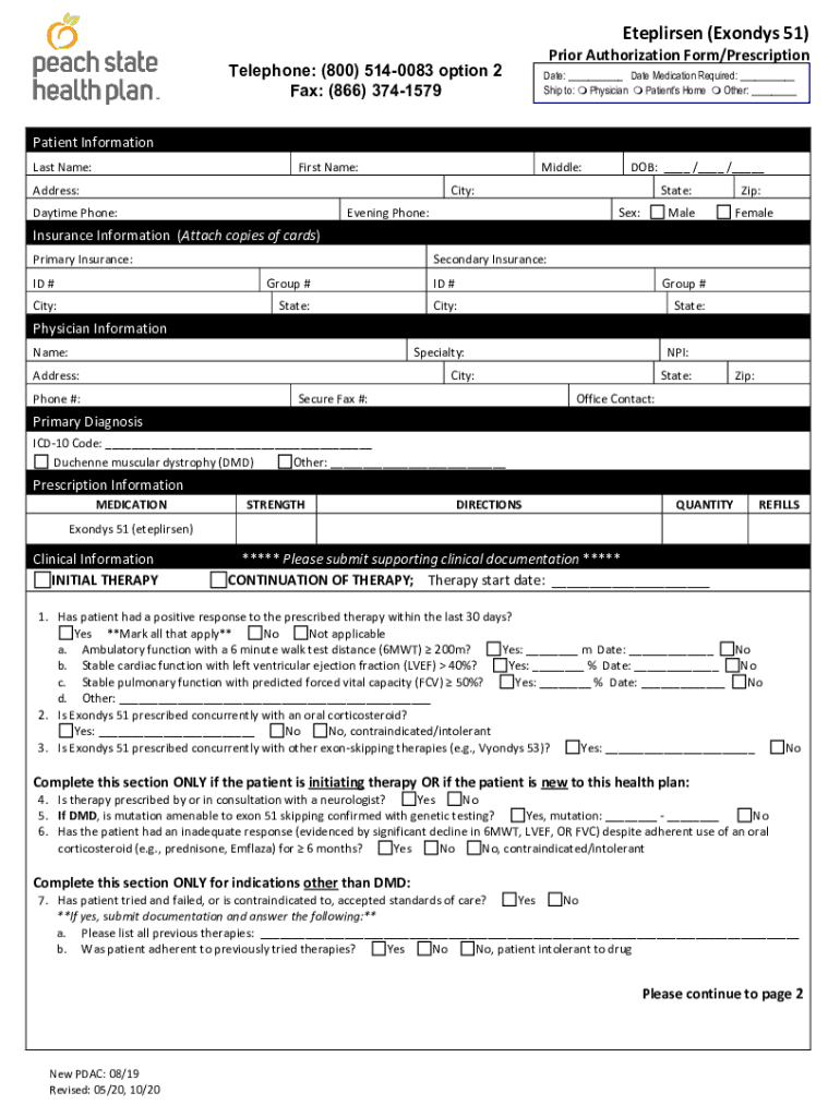 Fillable Online ETEPLIRSEN (EXONDYS51)PRESCRIBER ORDER FORM Fax Email Print - pdfFiller