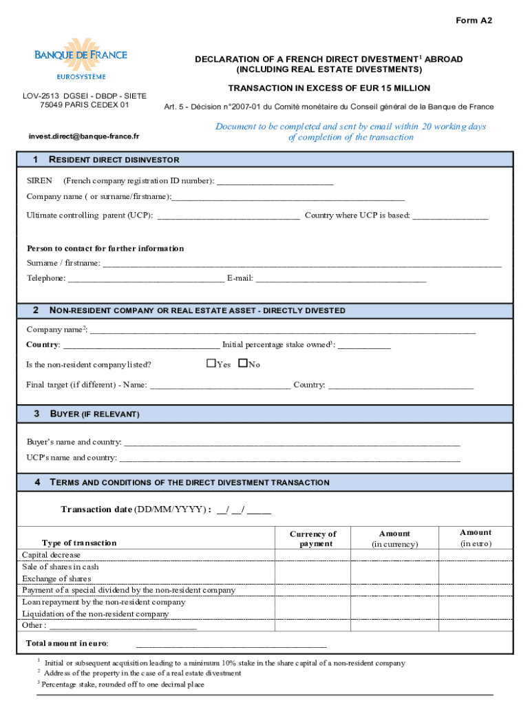 Fillable Online Form A2 - Banque de France Fax Email Print - pdfFiller