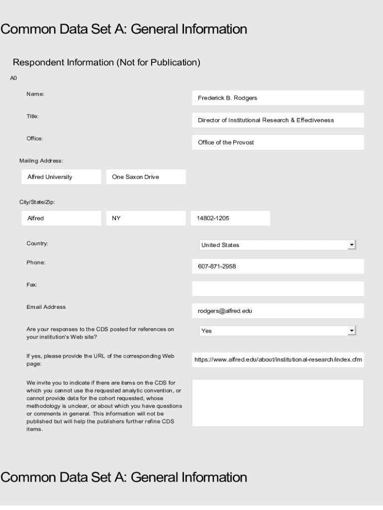Fillable Online General Information Common Data Set A - Alfred University Fax Email Print ...