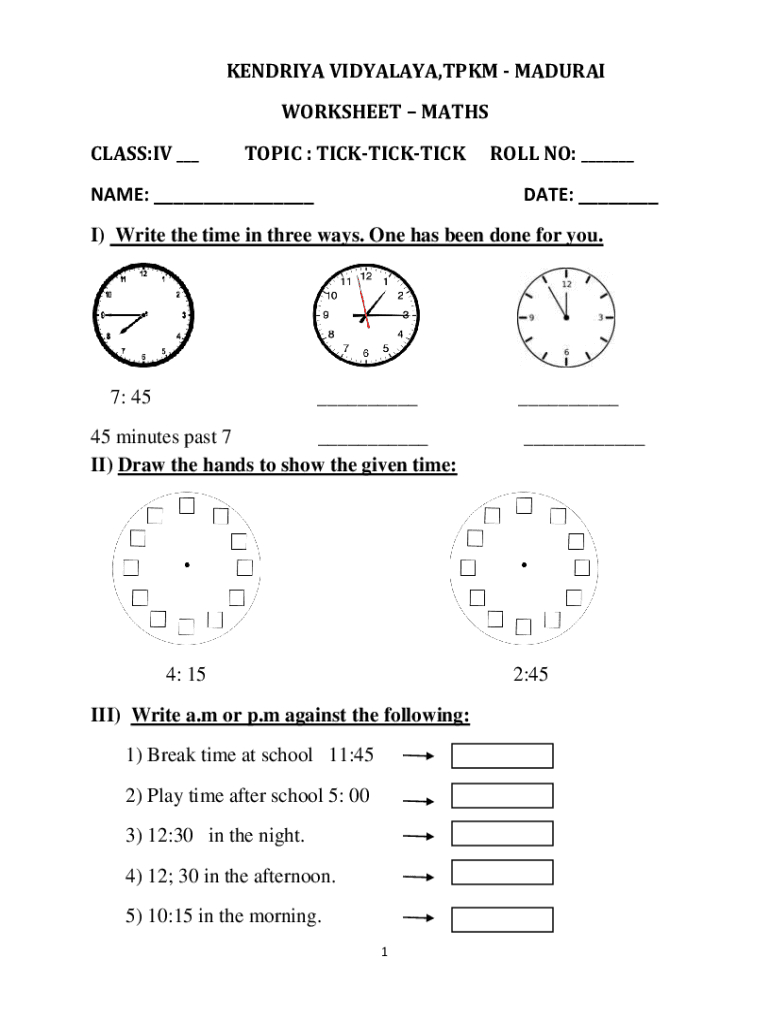 Fillable Online Worksheets-MATHS I-V - K.V.No 1 CALICUT- PRT Fax Email ...