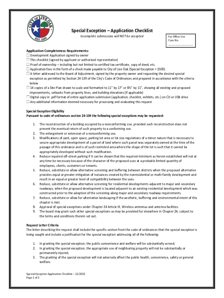 Fillable Online Special ExceptionApplication Checklist - City of Live Oak Fax Email Print ...