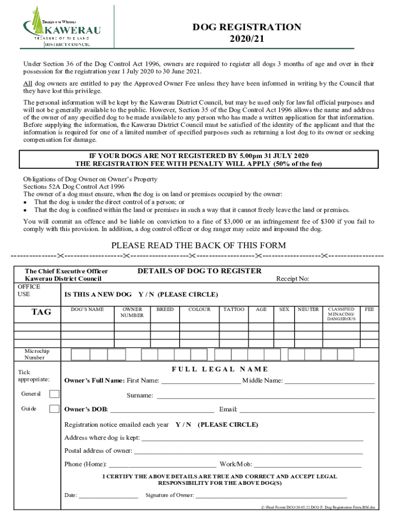 Fillable Online 20.05.22.DCO F- Dog Registration Form.BM Fax Email ...