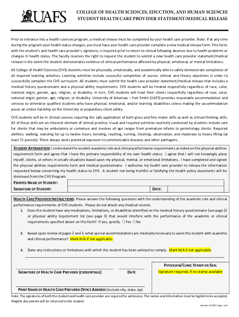 Fillable Online CHS Student Health Statement-Medical Release - UAFS Fax Email Print - pdfFiller