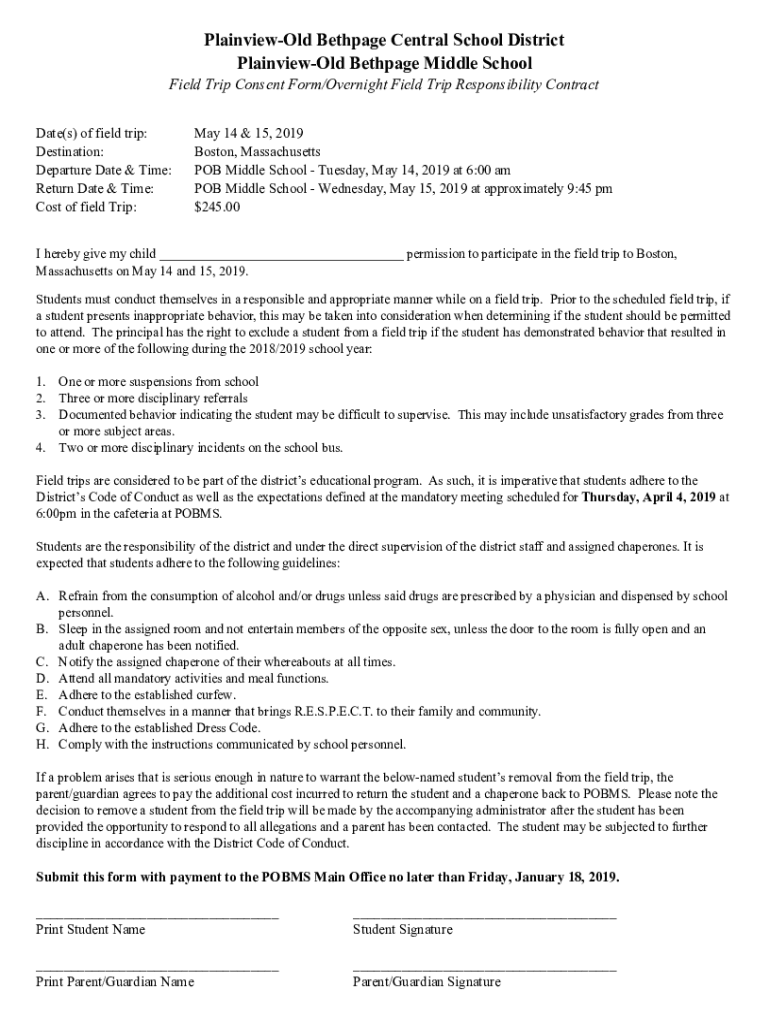 Fillable Online Plainview-Old Bethpage Middle School Field Trip Consent ...