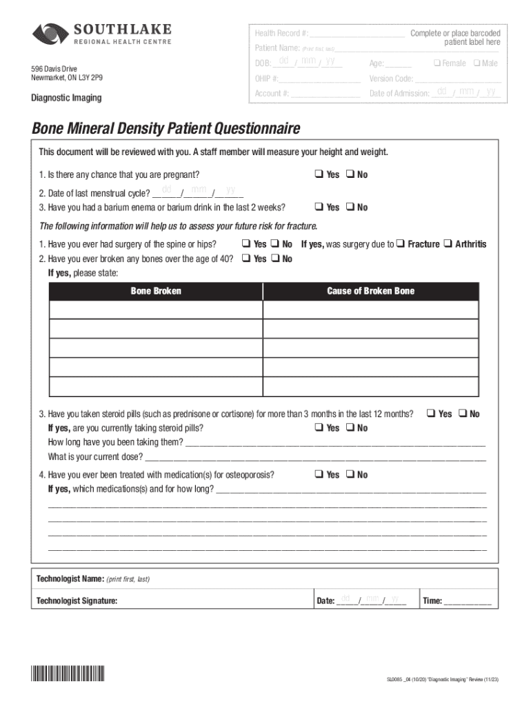 Fillable Online Bone Mineral Density Patient Questionnaire Fax Email ...