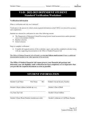 Fillable Online 20222023 Verification Worksheet V1 Dependent Student Fax Email Print - pdfFiller