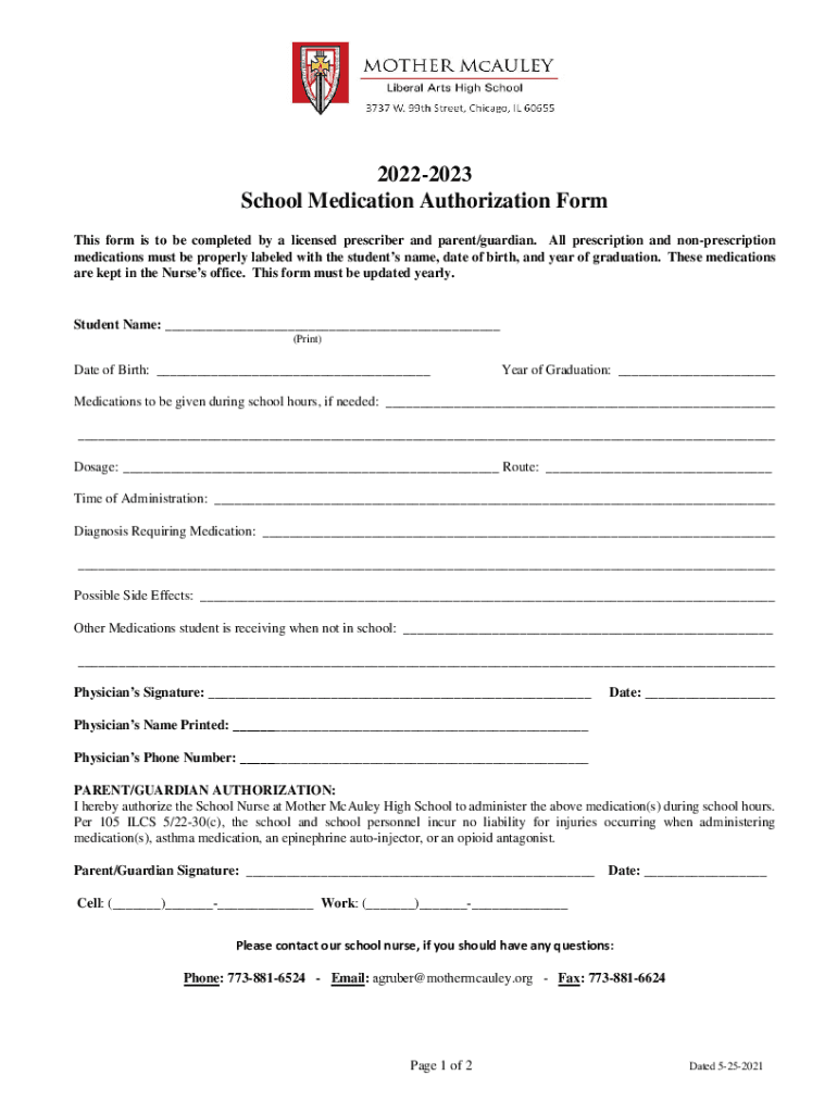 Fillable Online 2022-2023 School Medication Authorization Form Fax ...