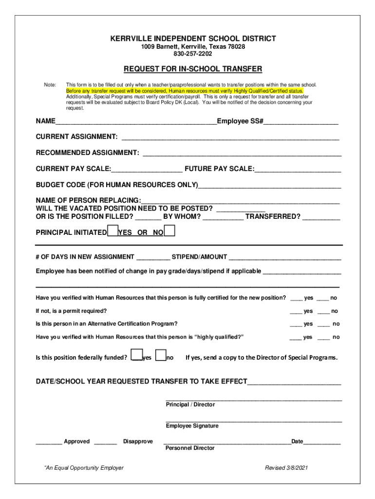Fillable Online School-to-School Transfer Form - Kerrville ISD Fax ...