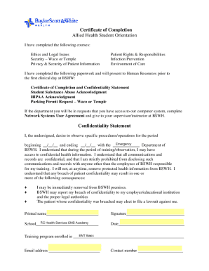 Fillable Online Fillable Online Certificate of Completion Allied Health ...