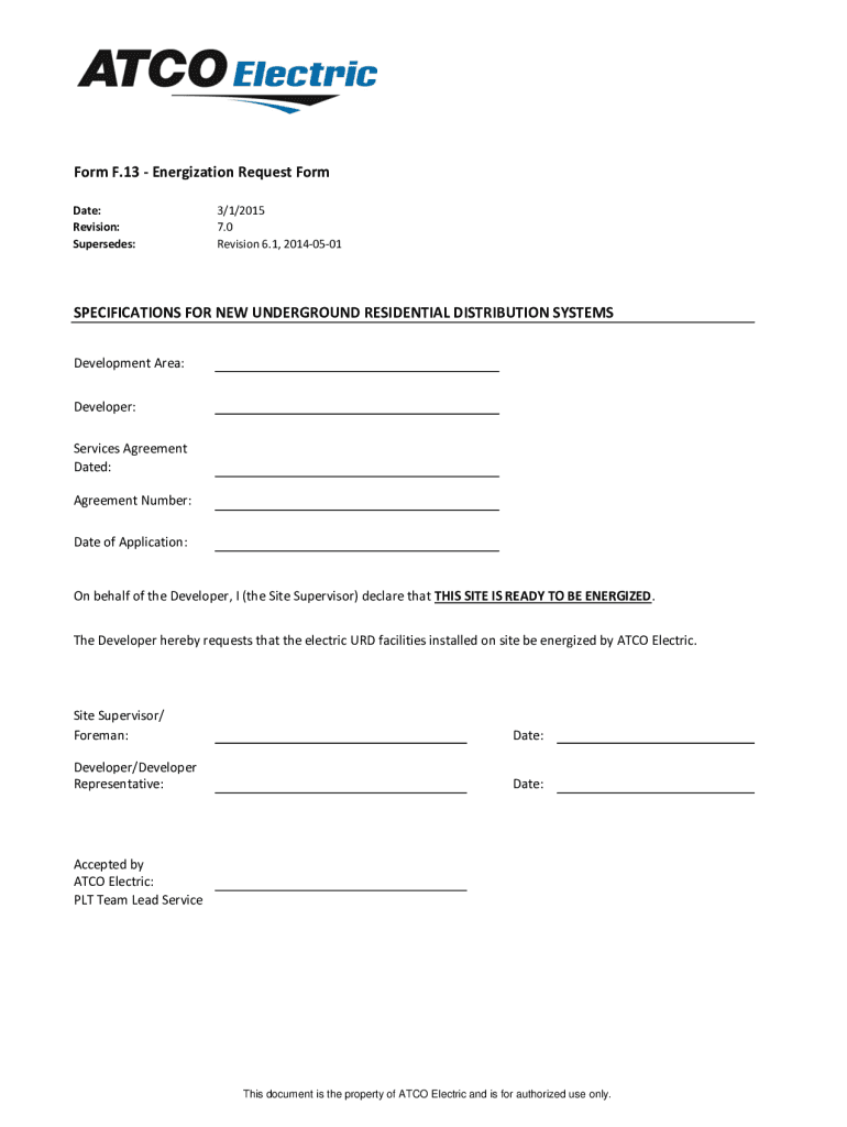 Fillable Online Form F.13 - Energization Request Form SPECIFICATIONS ...