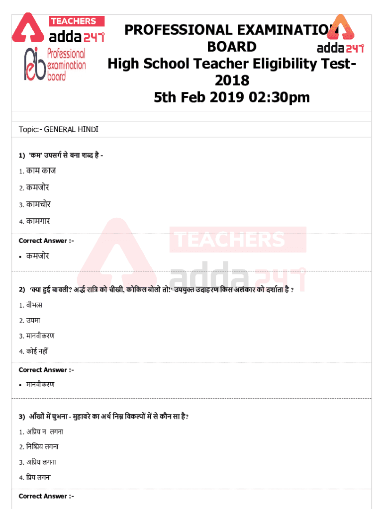 Fillable Online High School Teacher Eligibility Test - 2018 FINAL ...
