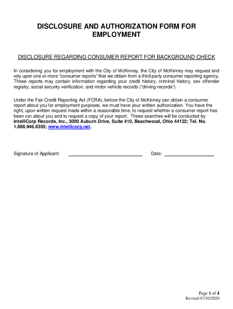 Fillable Online DISCLOSURE AND AUTHORIZATION FORM FOR ... Fax Email Print - pdfFiller