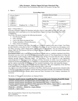 Fillable Online Policy Document Reliance Nippon Life Super Moneyback Plan Fax Email Print ...