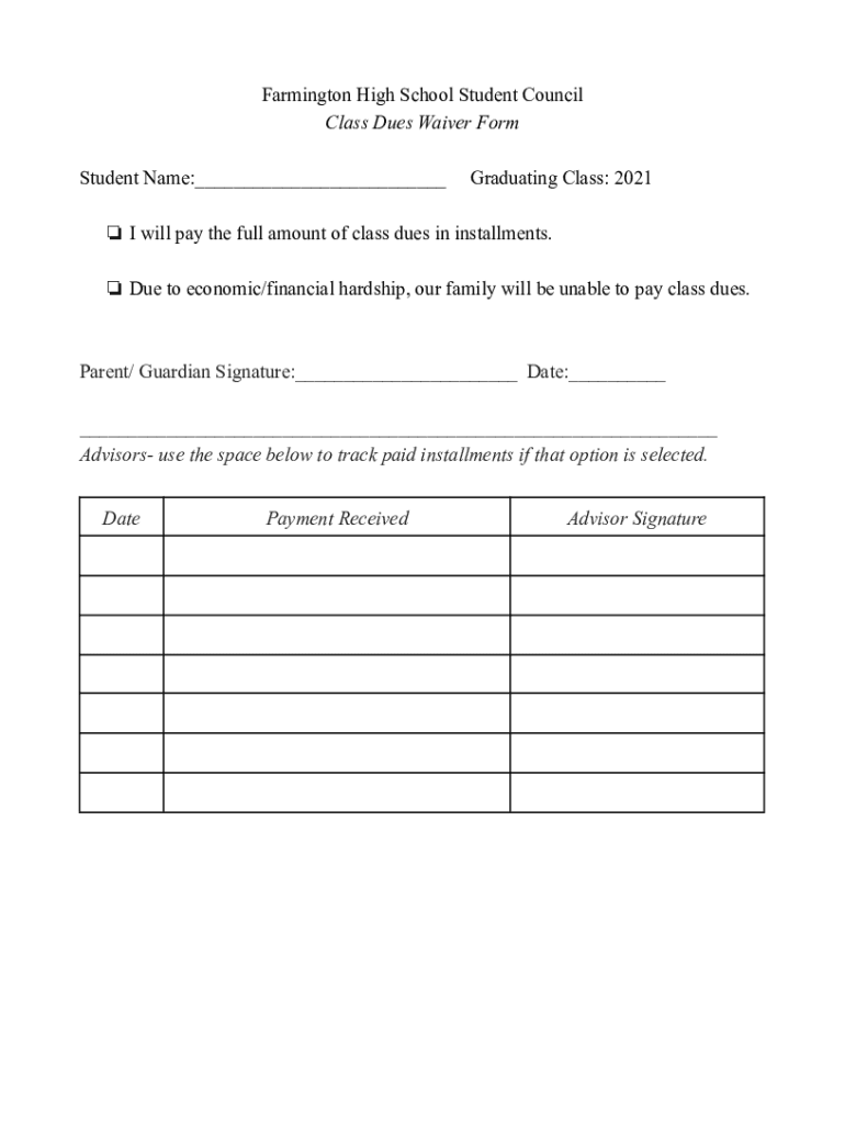 Fillable Online Class Dues Waiver Form - Farmington Public Schools Fax Email Print - pdfFiller