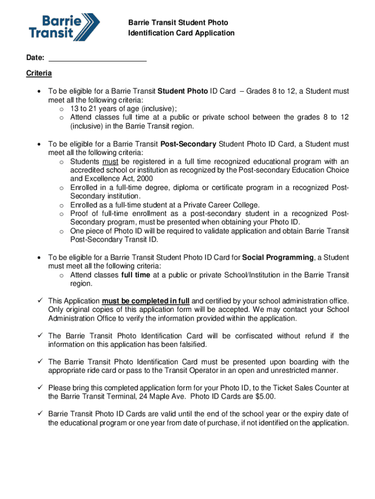 Fillable Online Barrie Transit Student Photo Identification Card ...