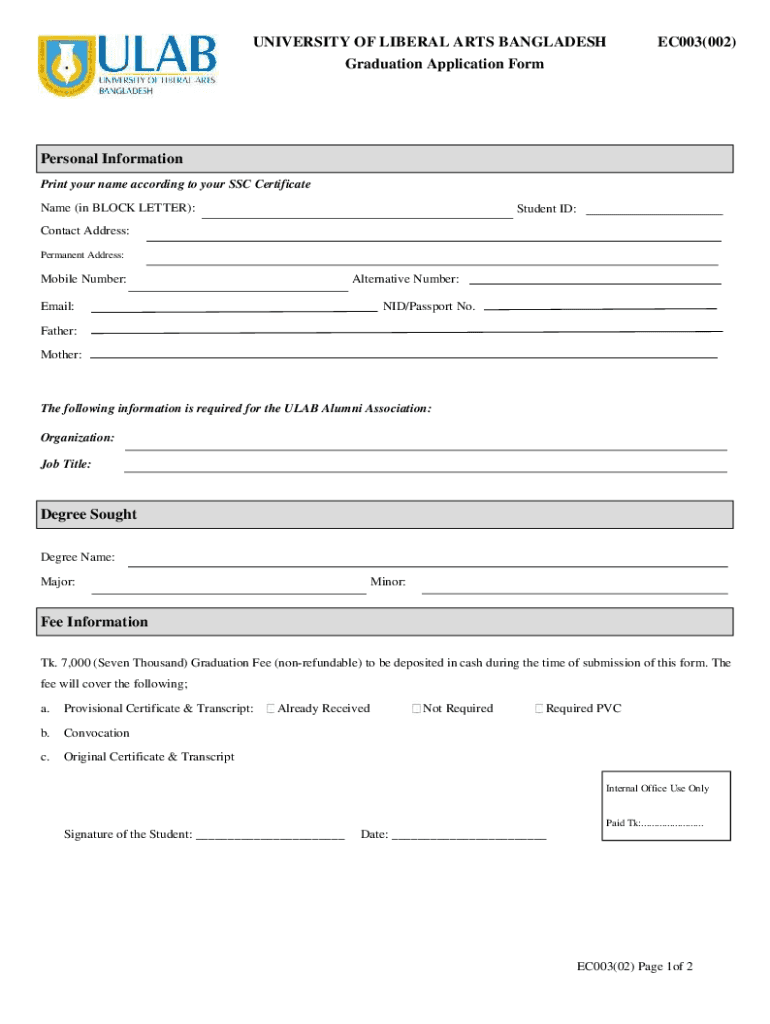 Fillable Online ulab edu Download the Graduation Application Form (PDF) - ULAB Fax Email Print ...