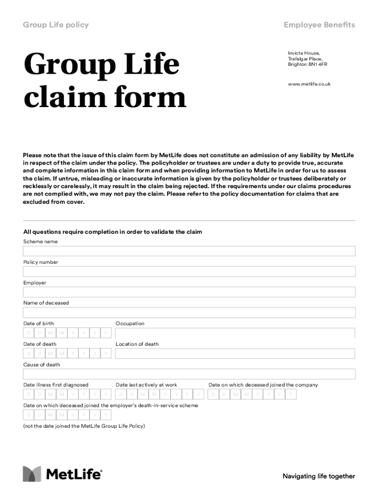 Fillable Online Group Life Master Trust Claim - MetLife Fax Email Print ...