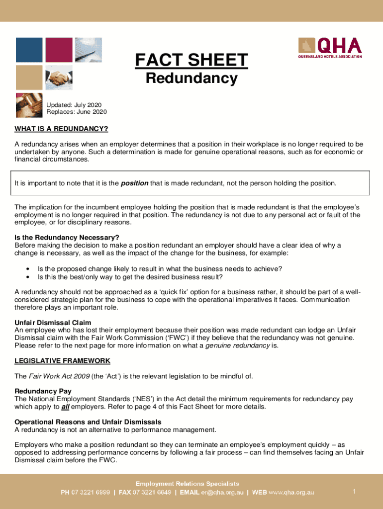 Fillable Online qha org FACT SHEET - Redundancy - Queensland Hotels ...