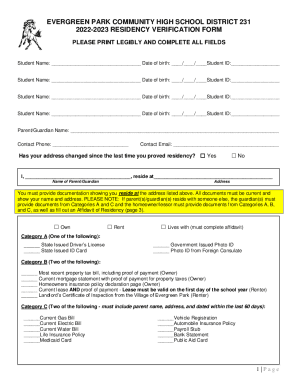 Fillable Online Residency Verification Form - Evergreen Park High ...