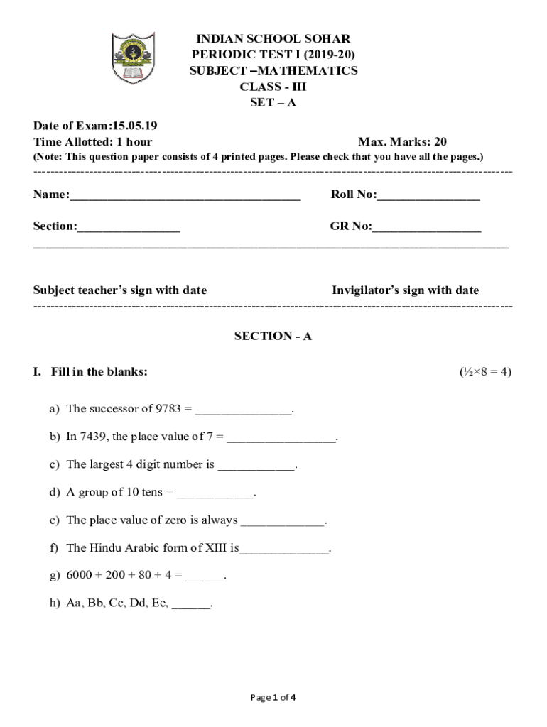 Fillable Online MATHEMATICS CLASS - III SETA Date of Exam:15.05.19 ... Fax Email Print - pdfFiller