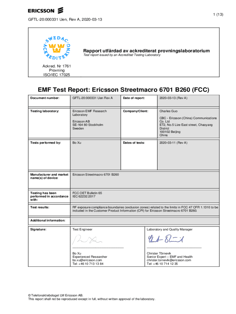 Fillable Online EMF Test Report: Ericsson Streetmacro 6701 B260 (FCC ...