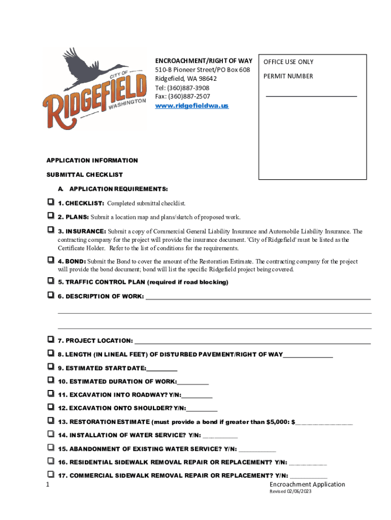 Fillable Online 1 Encroachment Application OFFICE USE ONLY PERMIT ... Fax Email Print - pdfFiller