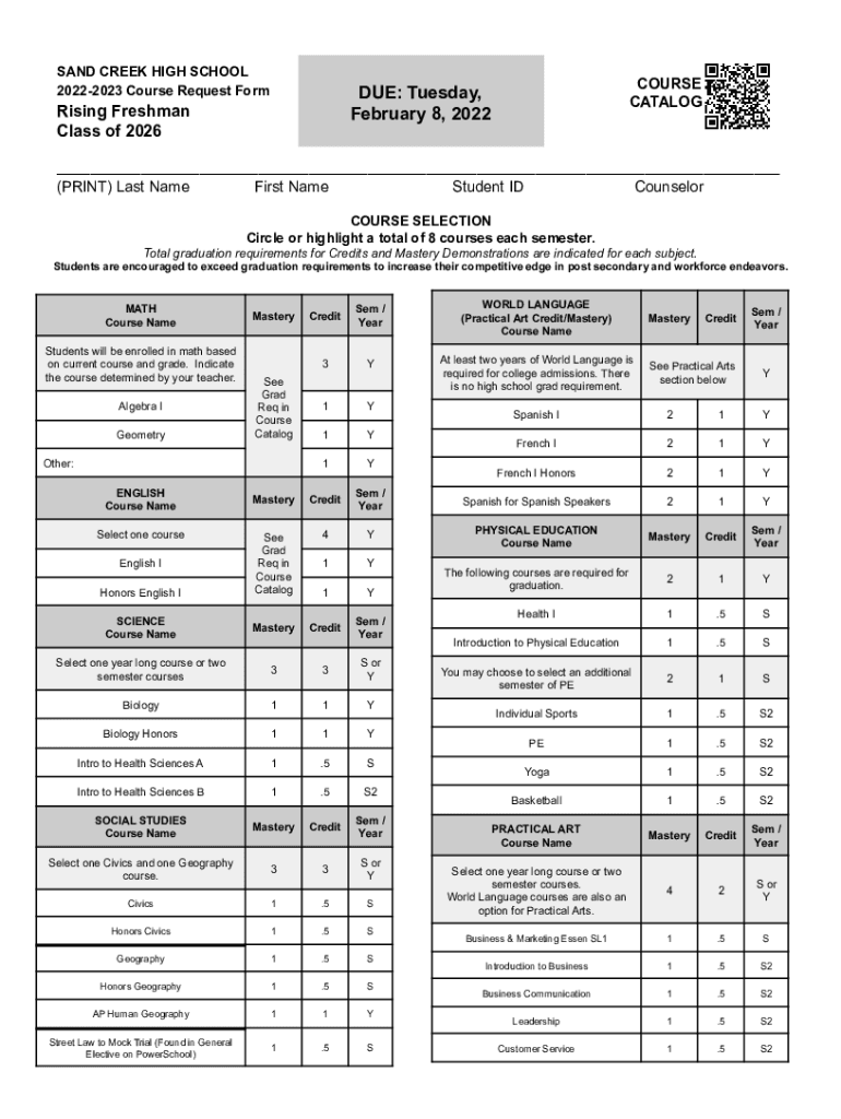 Fillable Online Incoming Freshmen Course Request Worksheet ...