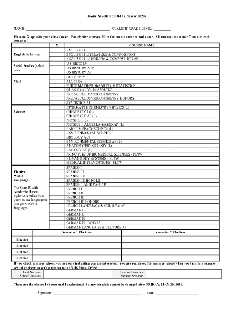 Fillable Online FRESHMEN Scheduling Form class of 19 Fax Email Print - pdfFiller