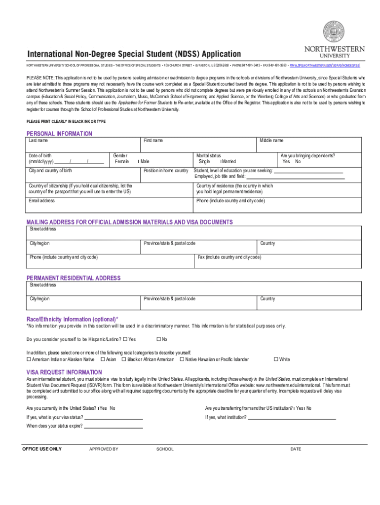 Fillable Online sps northwestern Non-Degree Special Student (NDSS ...