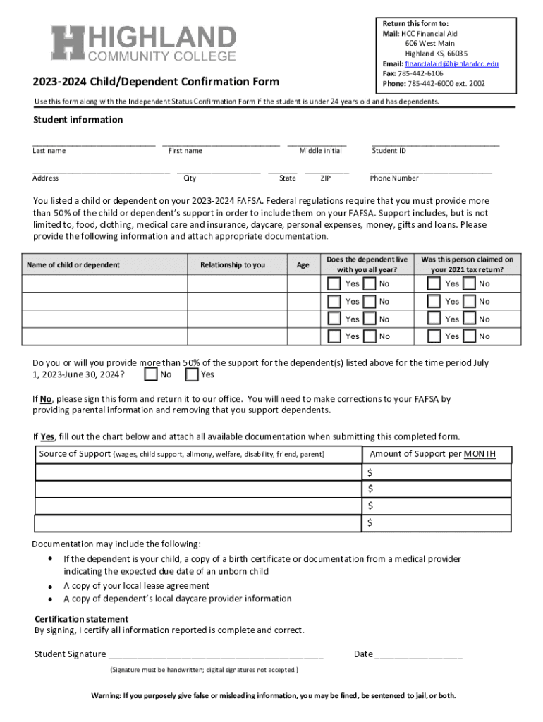 Fillable Online 2023-2024 Child/Dependent Confirmation Form - Student information Fax Email ...