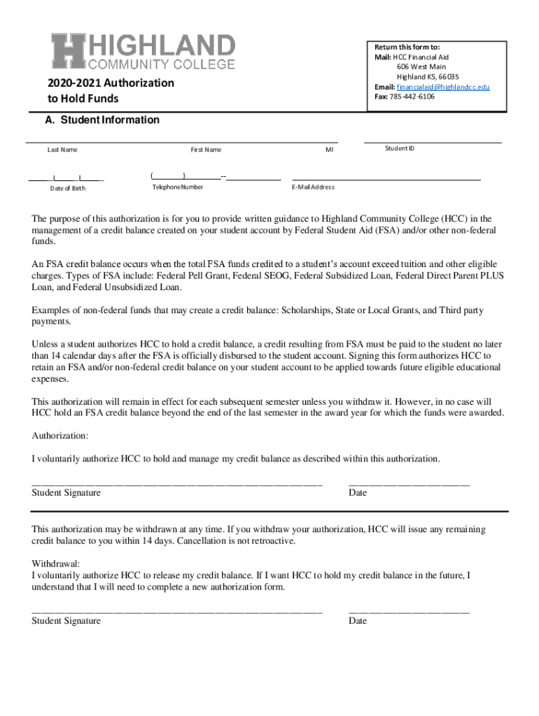 Fillable Online 2020-2021 Authorization to Hold Funds Fax Email Print ...