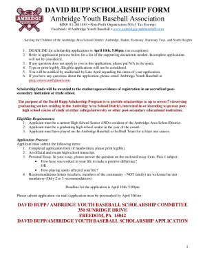 Fillable Online DAVID BUPP SCHOLARSHIP FORM Ambridge Youth Baseball ...