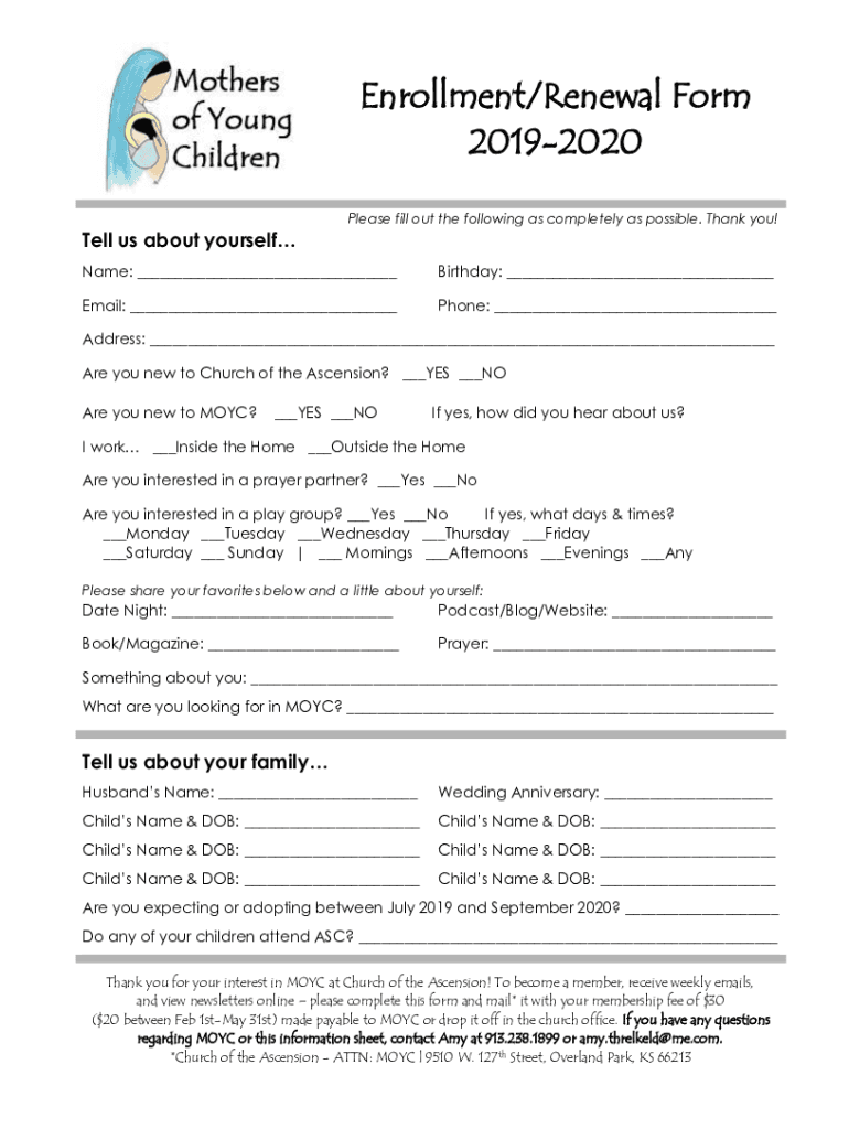 Fillable Online Enrollment/Renewal Form 2019-2020 - Church of the ...