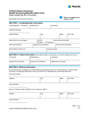 Fillable Online Critical Illness Insurance Health Screening Benefit ...