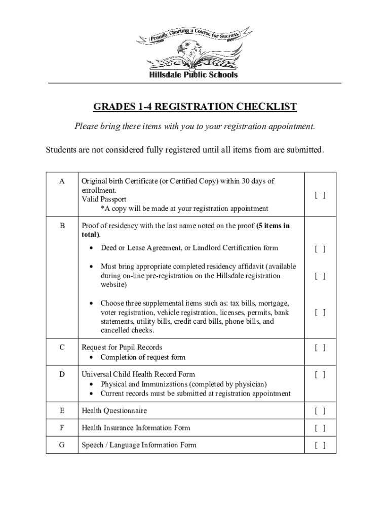 Fillable Online GRADES 1-4 REGISTRATION CHECKLIST - Hillsdale Public ...