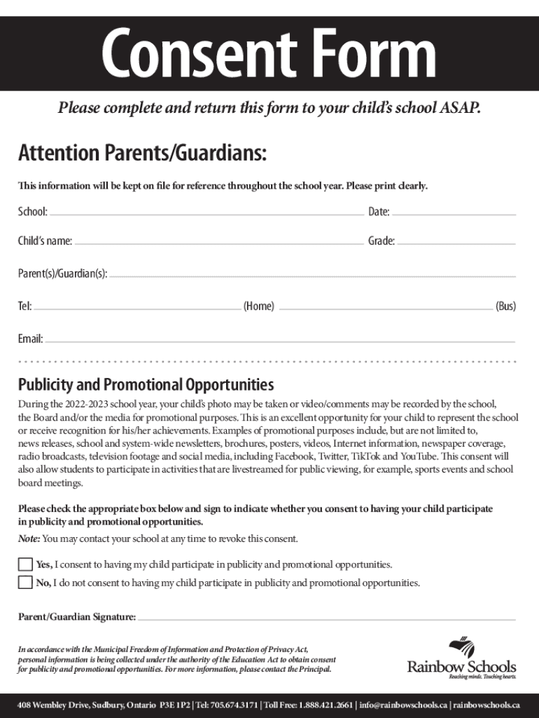 Fillable Online Rainbow Schools' Consent Form. Form for consent to use ...