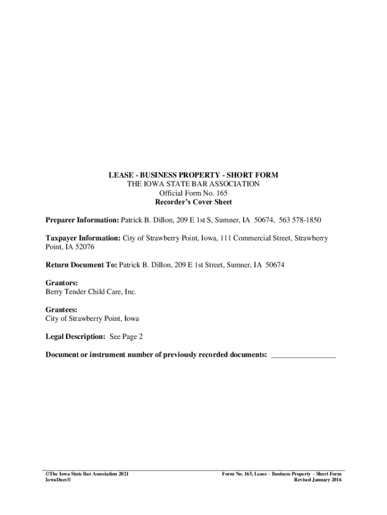 Fillable Online LEASE - BUSINESS PROPERTY - SHORT FORM THE IOWA STATE ...