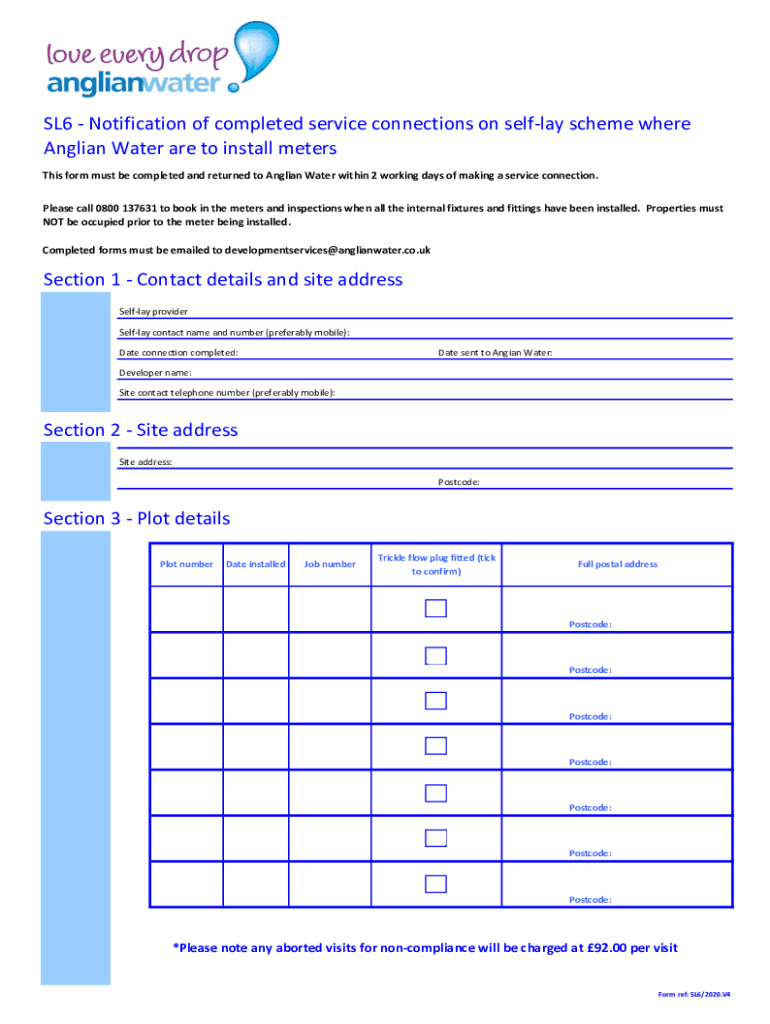 Fillable Online SL8 - Self-lay meter order form Section 1 - Anglian ...