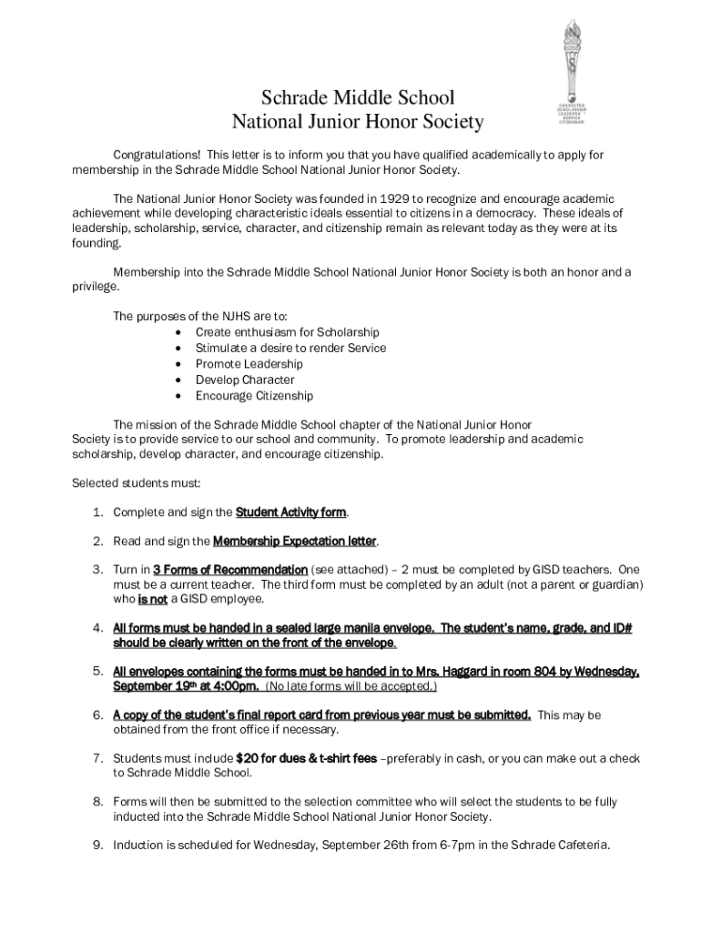 Fillable Online Schrade Middle School National Junior Honor Society Fax ...