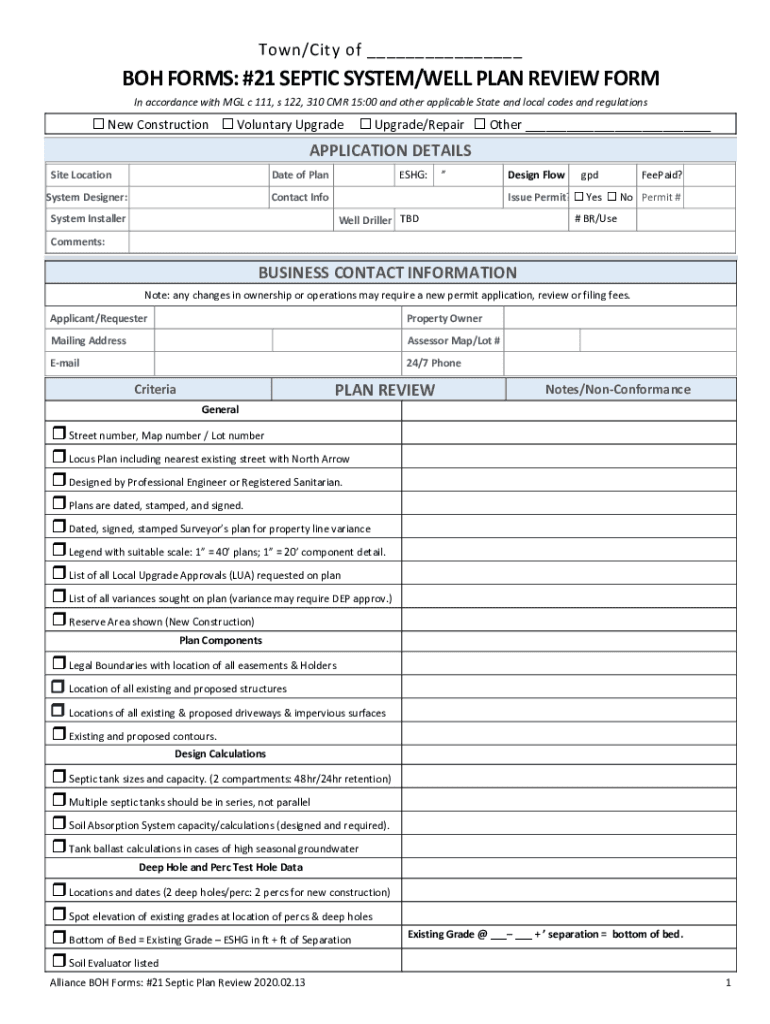Fillable Online BOH FORMS: #21 SEPTIC SYSTEM/WELL PLAN REVIEW ... Fax ...