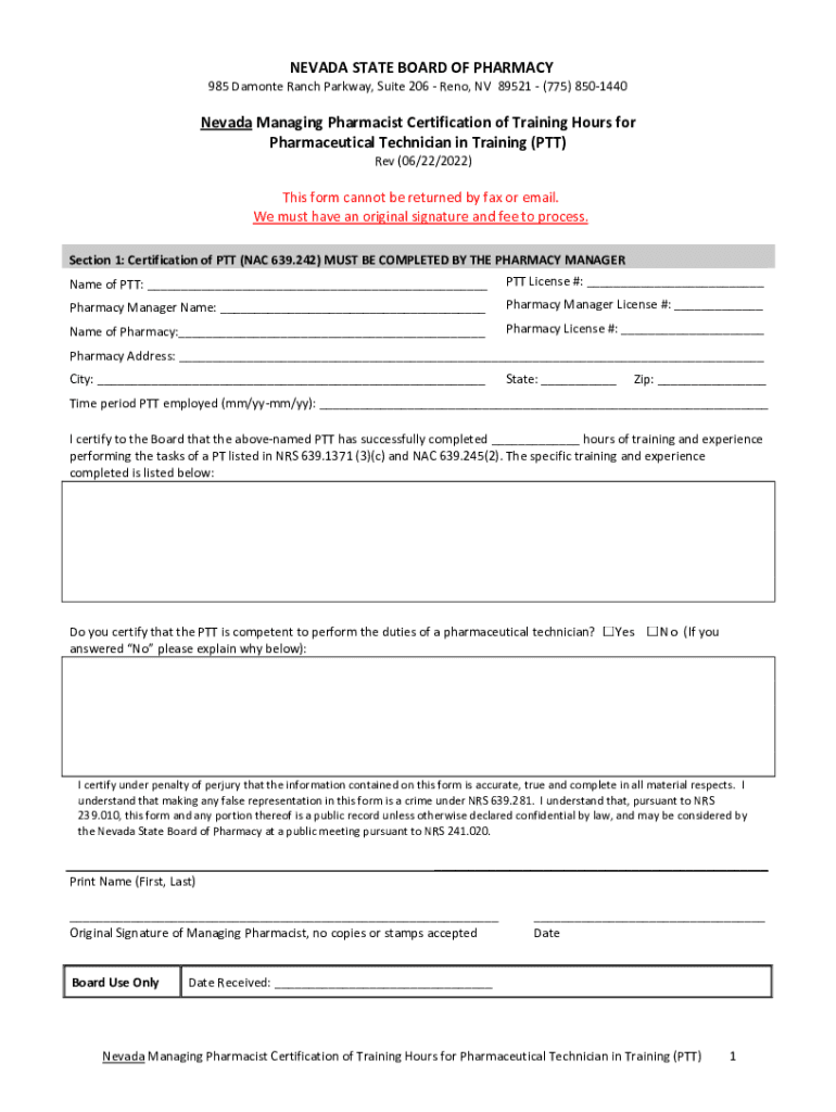 Fillable Online bop nv Managing Pharmacist Certification of Training Hours for PTT ... Fax Email ...