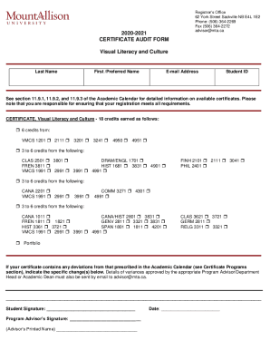 Fillable Online 2020-2021 CERTIFICATE AUDIT FORM Visual Literacy and ...
