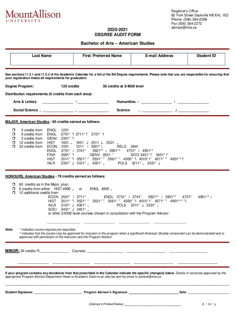 Fillable Online 2020-2021 DEGREE AUDIT FORM Bachelor of Arts Fax Email Print - pdfFiller
