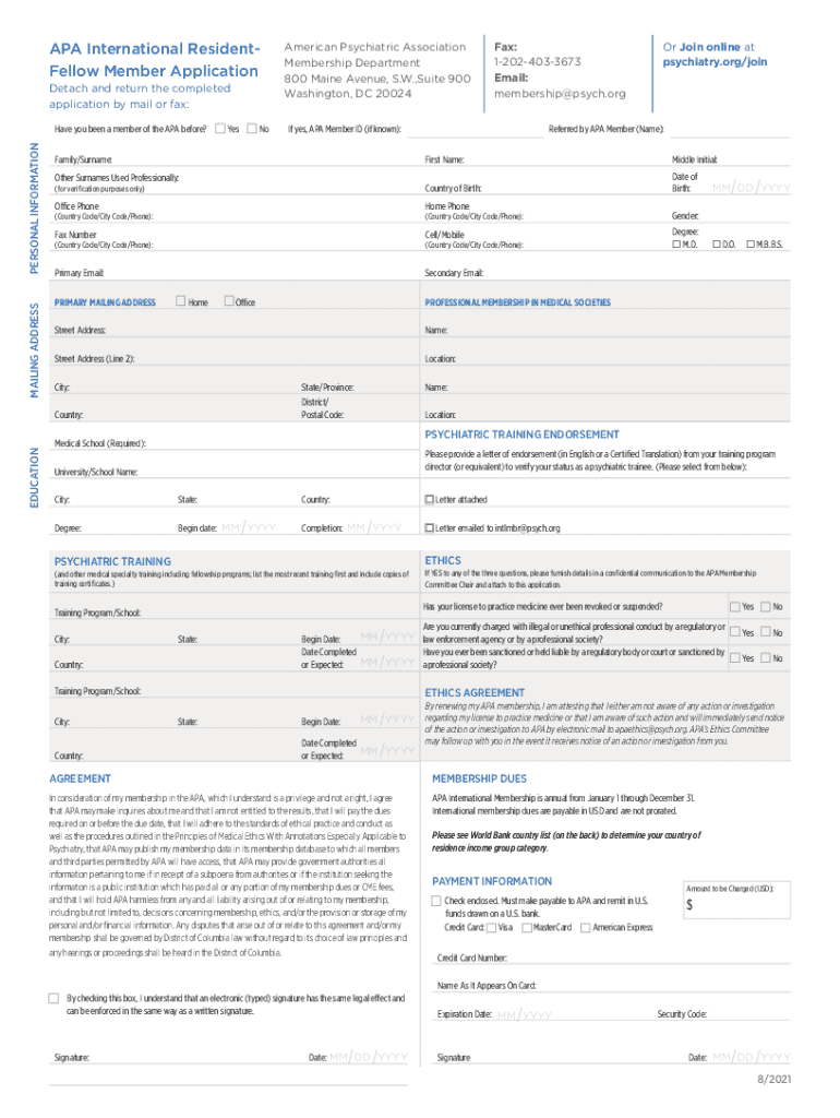 Fillable Online APA International Resident-Fellow Membership ...