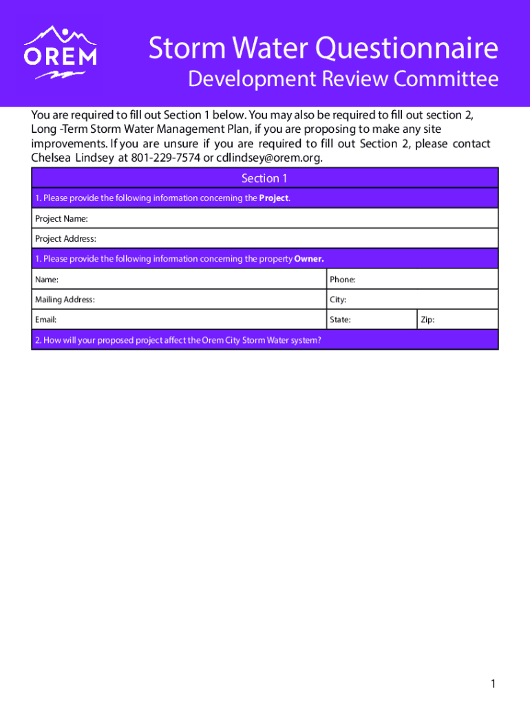 Fillable Online Storm Water Questionnaire and Certification Form Fax ...