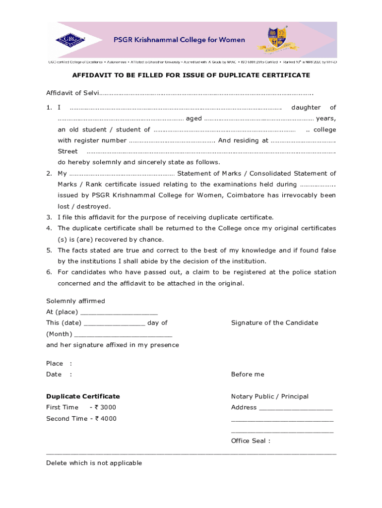 Fillable Online Affidavit To Be Filled For Issue Of Duplicate Certificate Fax Email Print