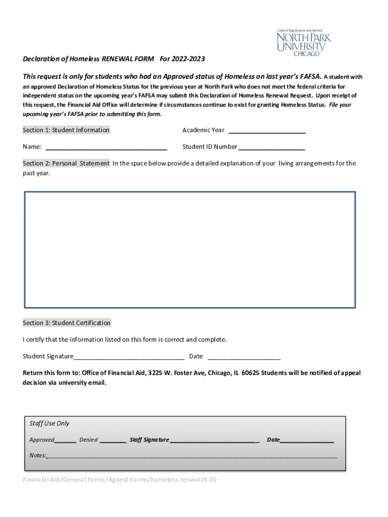 Fillable Online Declaration of Homeless RENEWAL FORM For 2022-2023 Fax ...